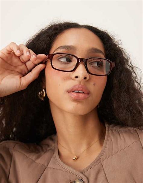 Asos Design Slim Square Clear Lens Glasses In Milky Brown Asos