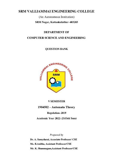 1905402 Automata Theory Srm Valliammai Engineering College An Autonomous Institution Srm