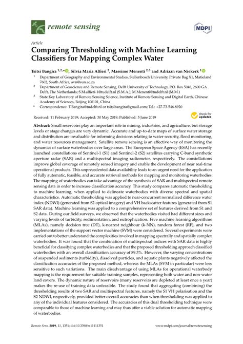Pdf Remote Sensing Comparing Thresholding With Machine Learning Classifiers For Mapping