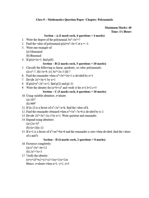 Class 9 Polynomials Pdf