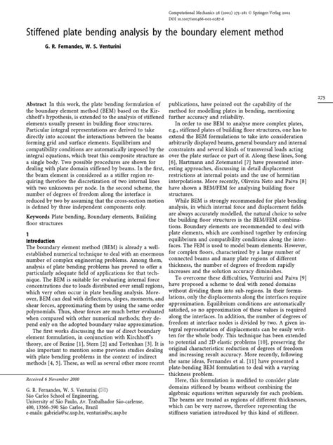 Stiffened Plate Bending Analysis By The Boundary Element Method Pdf Bending Finite Element