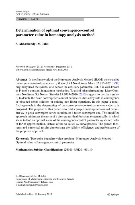 Pdf Determination Of Optimal Convergence Control Parameter Value In Homotopy Analysis Method