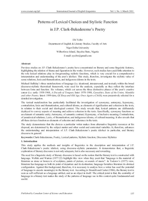 Pdf Patterns Of Lexical Choices And Stylistic Function In Jp Clark