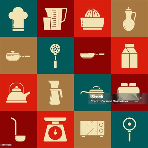 프라이팬 토스트를 곁들인 토스터 우유용 종이 패키지 시트러스 과일 주스기 스파툴라 셰프 모자 아이콘을 설정합니다 벡터 감귤류 과일에 대한 스톡 벡터 아트 및 기타 이미지