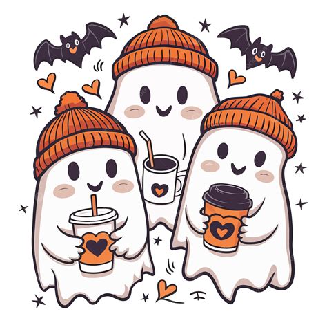 Cute Halloween Ghosts With Coffee T Shirt Design Halloween Halloween