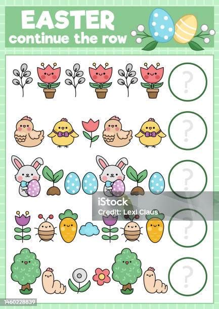 다음은 무엇입니까 전통적인 휴일 상징으로 미취학 아동을 위한 부활절 매칭 활동 재미있는 카와이 퍼즐 봄 휴가 논리 워크시트 행