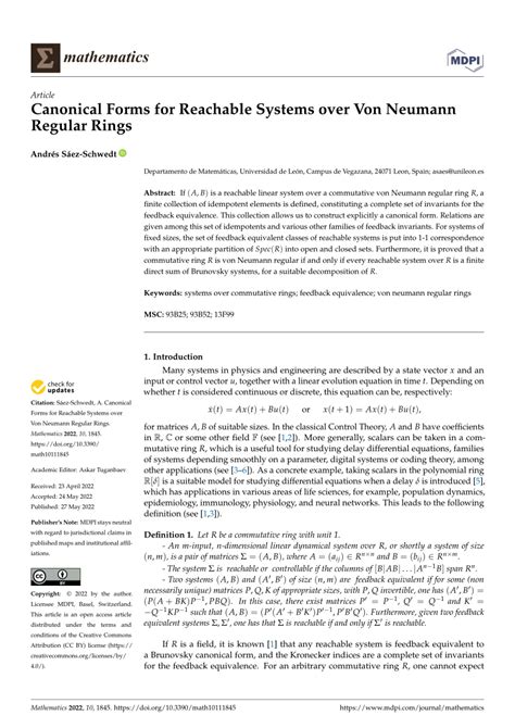 Pdf Canonical Forms For Reachable Systems Over Von Neumann Regular Rings