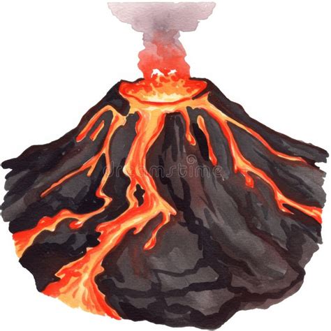 Watercolor Volcano Illustration With Orange Flowing Lava And Gray Smoke