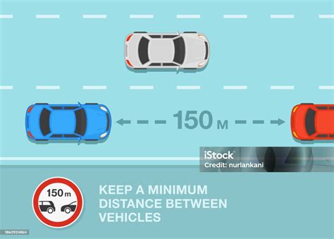안전 운전 요령 및 교통 법규 표지판 사이의 최소 거리를 유지하십시오 고속도로의 교통 흐름에 대한 평면도입니다 벡터 일러스트 레이 션 템플릿 인포그래픽에 대한 스톡 벡터