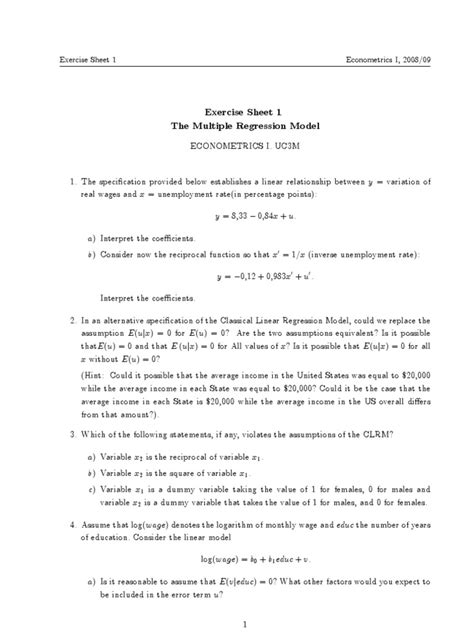 exercise sheet 1 the multiple regression model pdf econometrics dummy variable statistics