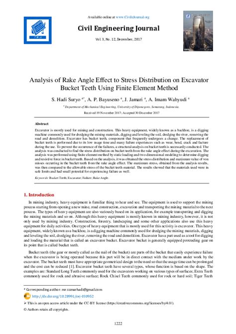pdf analysis of rake angle effect to stress distribution on excavator