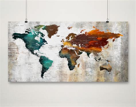 Modern World Map Art Print Push Pin Travel Poster Home Decor Etsy