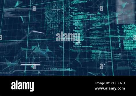 Animation Of Connected Dots Forming Geometric Shapes And Computer Language Over Black Background