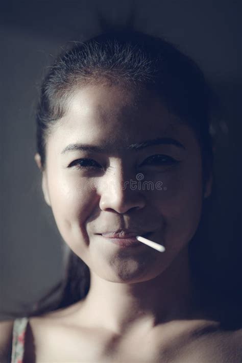 Beautiful Cute Girl She Happy Smiley And She Eat Dessert Stock Image