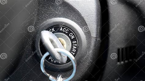 Car Ignition With Key Inserted In Lock Close Up Of Vehicle Ignition