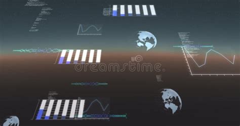 Image Of Data Processing Globes Spinning And Statistics Recording On Gradient Background Stock
