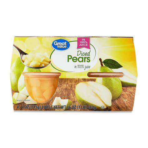 Great Value Diced Pears Fruit Cups In Juice 4 Oz 4 Count