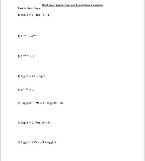 Solved Worksheet Exponential And Logarithmic Functions Part Chegg Com