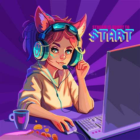 Girl Gamer Or Streamer With Cat Ears Headset Sits At A Computer Stock