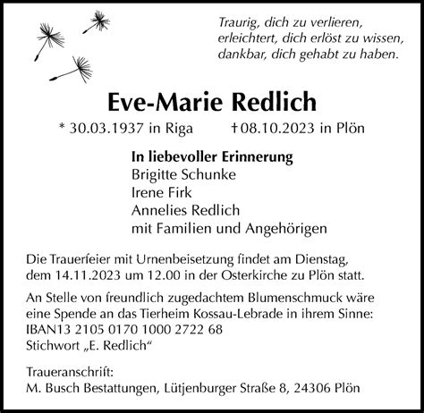 Traueranzeigen Von Eve Marie Redlich Trauer Anzeigende