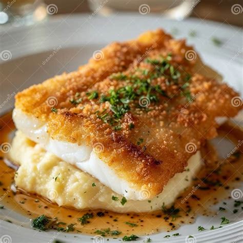 Breaded Halibut Fillet Fried White Fish Meat With Parsnip Puree