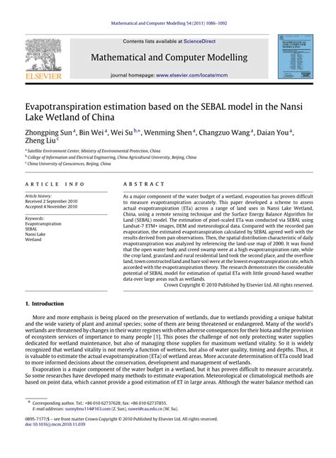 Pdf Evapotranspiration Estimation Based On The Sebal Model In The Nansi Lake Wetland Of China
