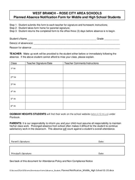 Fillable Online Absence Notification Form For Middle And High School Fax Email Print Pdffiller