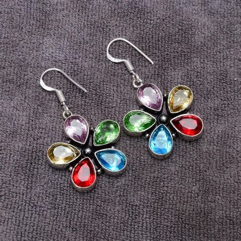 Handmade Multi Stone Floral Earrings Sterling Silver Gemstone Jewelry