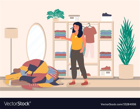 Young Woman Cannot Choose Between Clothes Vector Image