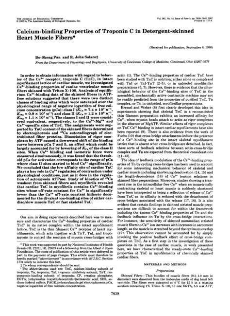 Pdf Calcium Binding Properties Of Troponin C In Detergent Skinned Heart Muscle Fibers
