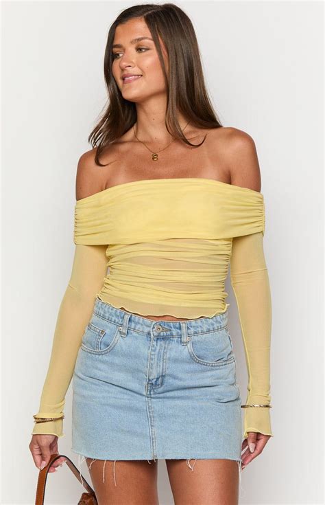 Sky Yellow Mesh Off Shoulder Top Bright Yellow Tops Off Shoulder