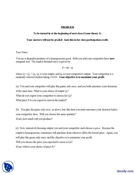 Game Theory Marketing Assignment Docsity