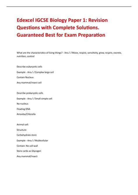 Edexcel Igcse Biology Paper 1 Revision Questions With Complete Solutions Guaranteed Best For