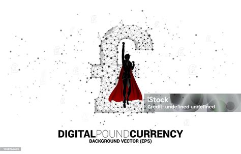 폴리곤 도트 연결 라인에서 돈 파운드 스털링 통화 아이콘비행 슈퍼 히어로 정장에 남자의 실루엣 영웅에 대한 스톡 벡터 아트 및