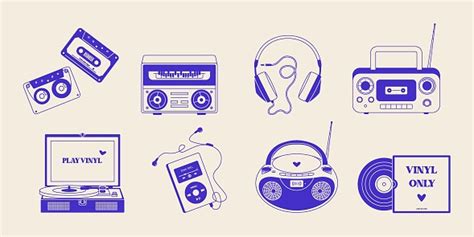 복고풍 80 년대 90 년대 음악 요소 빈티지 아날로그 오디오 장치 카세트 비닐 레코드 오래된 스테레오 라디오 장비 향수를 불러일으키는 힙스터 아이콘 벡터 낙서 세트 Mp3