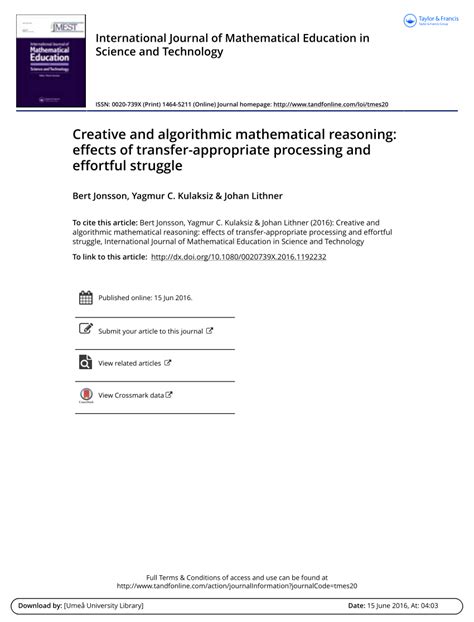 Pdf Creative And Algorithmic Mathematical Reasoning Effects Of Transfer Appropriate