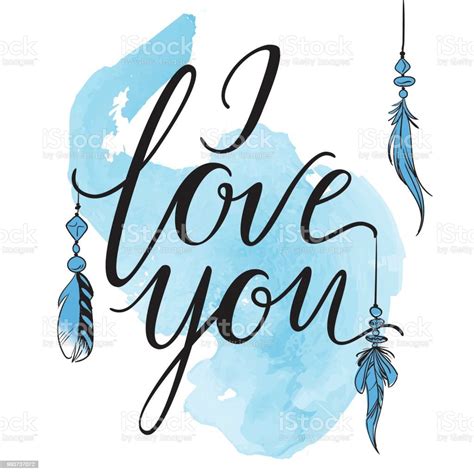 벡터 인사말 카드입니다 난 블루 수채화 붓과 깃털 사랑 비문 서 예 벡터 일러스트입니다 개념에 대한 스톡 벡터 아트 및 기타 이미지 Istock