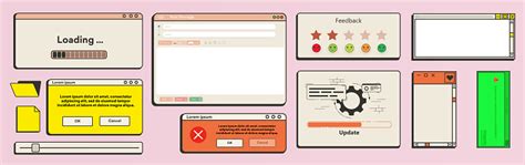 이전 사용자 인터페이스 대화 상자 탭 버튼 모달 창 평면 Ui 및 Ux 요소의 집합 Os 메시지 알림 위젯의 컬렉션입니다 증기파 8090 년대 스타일의 트렌디 한 커버 벡터