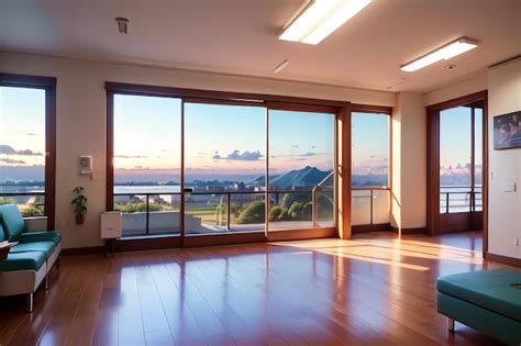 Una Sala De Estar Con Un Gran Ventanal Que Tiene Vista Al Mar Foto Premium