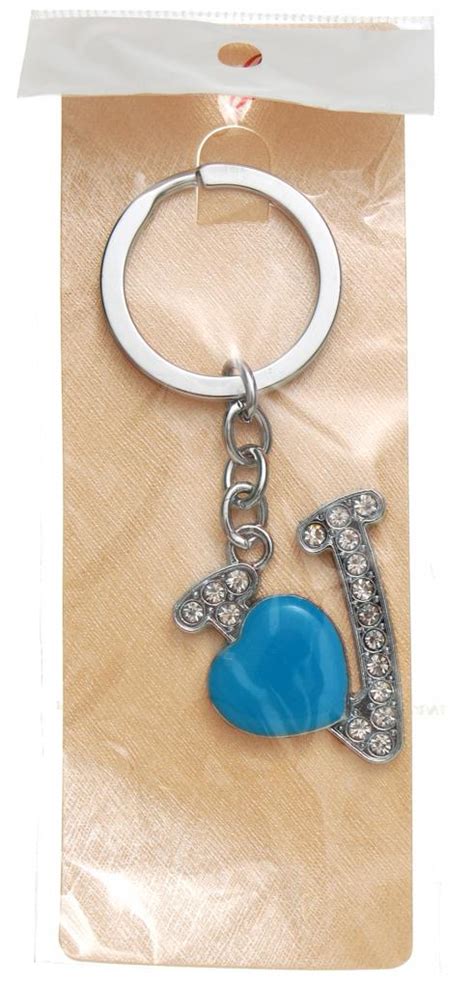 Сувенирен метален ключодържател буква V с декоративни камъчета и синьо сърце подаръци Podobro
