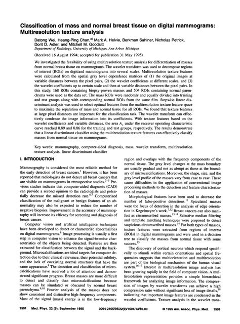 Pdf Classification Of Mass And Normal Breast Tissue On Digital Mammograms Multiresolution