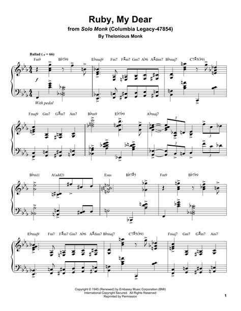Ruby My Dear By Thelonious Monk Sheet Music For Piano Transcription At Sheet Music Direct
