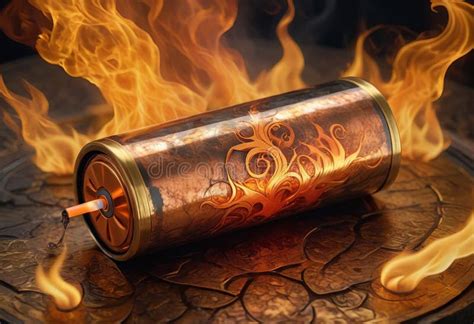 A Battery Cylindrical Cell With Fire Coming Out Of It Stock