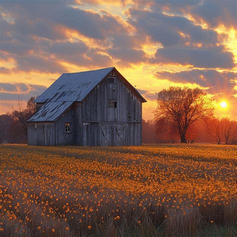 Premium Photo Rustic Barn In A Golden Field At Sunset
