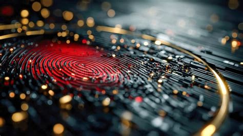 Futuristic Digital Fingerprint Scanner Glowing Red Surrounded By Cyber Circuits And Data