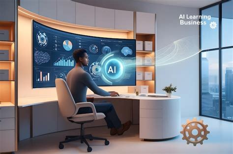 Modern Workspace With Man Analyzing Data On Curved Monitor Ai