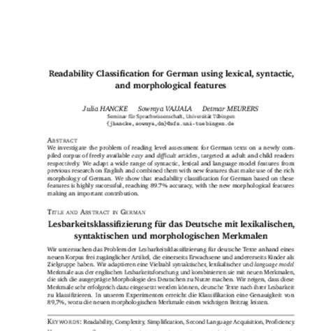 Readability Classification For German Using Lexical Syntactic And Morphological Features Acl