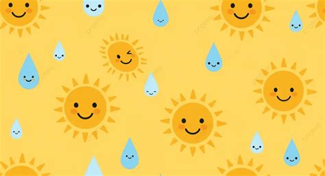 A Seamless Cheerful Pattern Featuring Cute Smiling Suns And Happy Raindrops On A Bright Yellow
