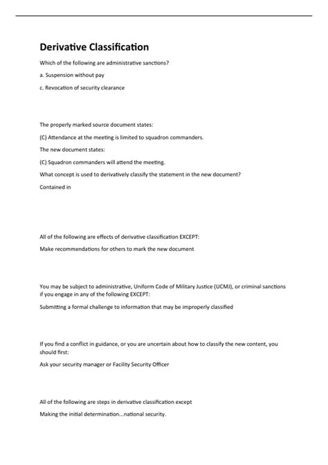 Army Security Awareness Derivative Classification Questions With Correct Solutions Army