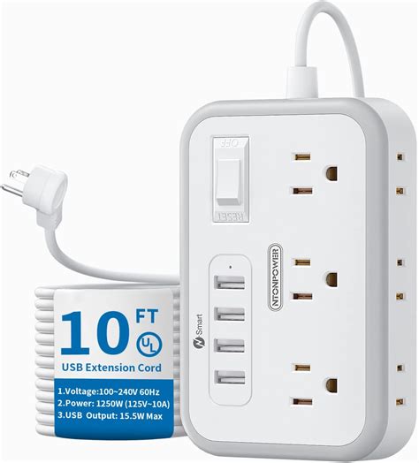 Flat Plug Extension Cord 10 Ft Power Strip With 6 Widely